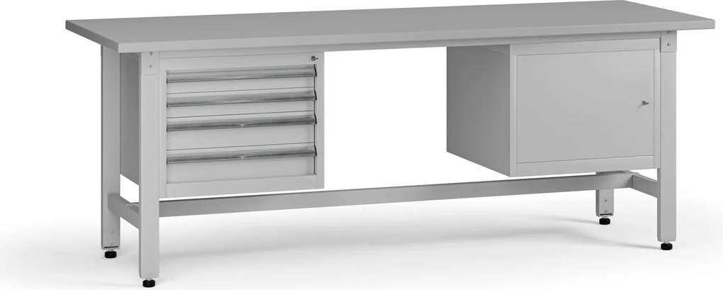 Výškově nastavitelný dílenský stůl G5, 2100 x 750 x 800-1000 mm, 1x skříňka, 4 zásuvky, šedá