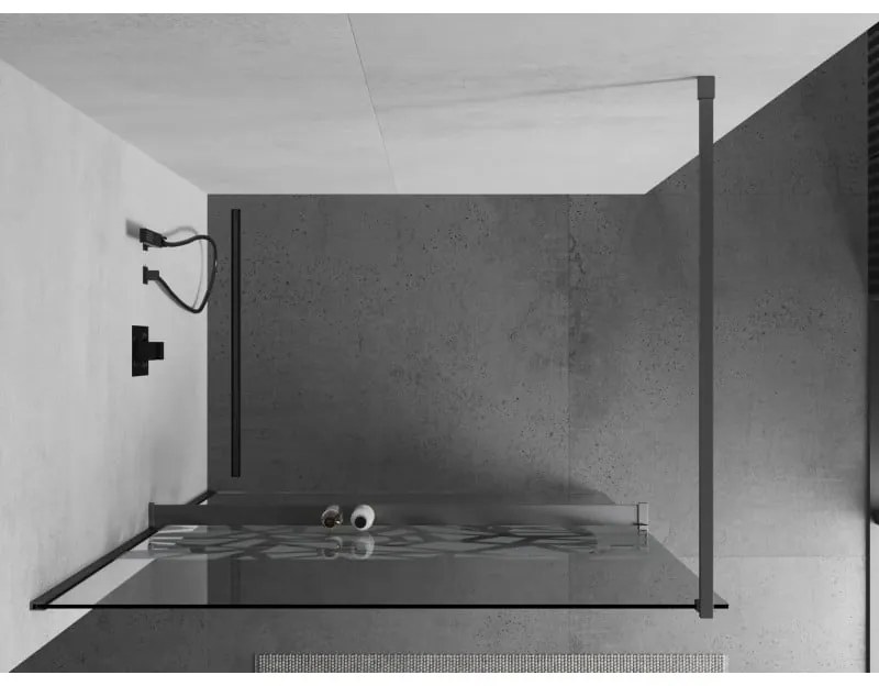 Mexen Kioto+, sprchová zástěna Walk-In s poličkou a věšákem 80 x 200 cm, 8mm čiré sklo bílý vzor, grafitový profil, 800-080-121-95-85