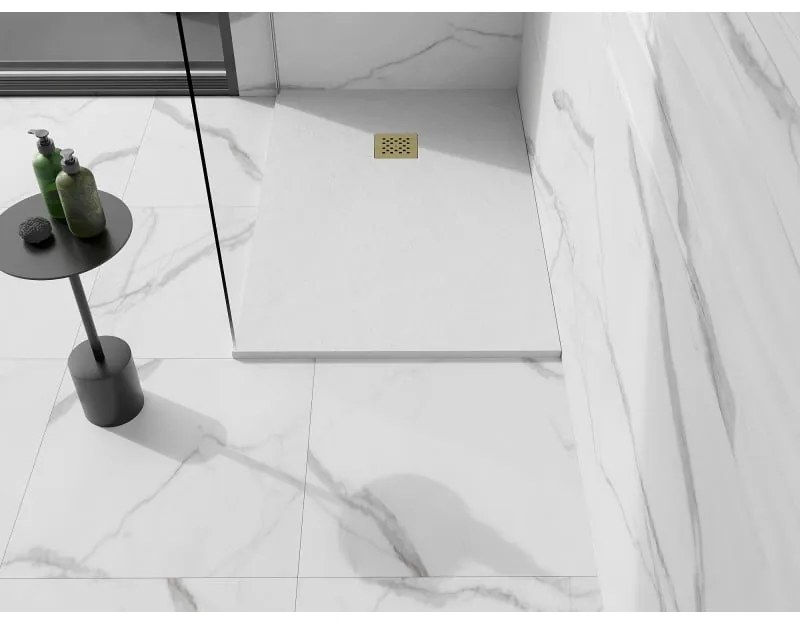 Mexen Stone+, obdélníková vanička z minerálního kompozitu 130 x 90 cm, bílá, zlatá lesklá krytka, 44109013-G