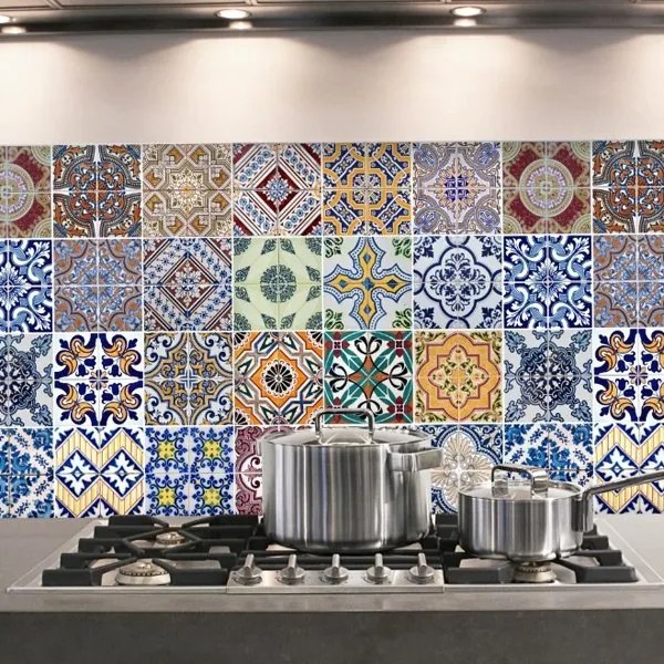 Crearreda samolepicí dekorace do kuchyně, žáruvzdorná, za sporák Bellacasa barevné kachličky 67202 Azulejos (47 x 65 cm)