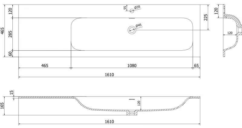 Mexen Vela, umyvadlo zapuštěné do desky, pravé, 161 × 46,5 cm, černá matná, 25231671P