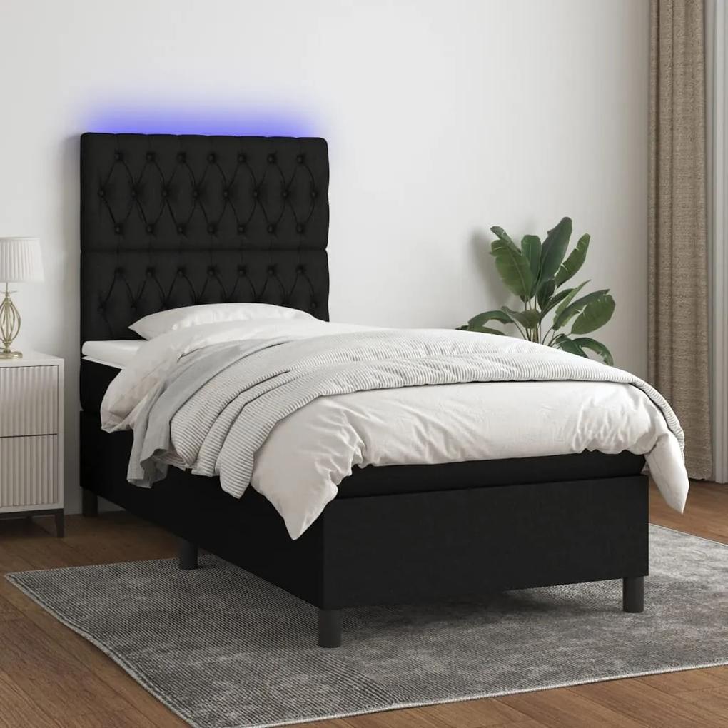 Box spring postel s matrací a LED černá 100x200 cm textil,  3135095