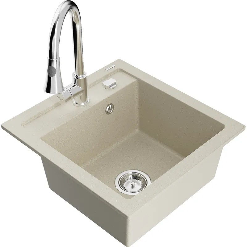 Mexen Vito, 1-komorový granitový dřez 490x520x210 mm a dřezová baterie Elia, béžová, 6503-69-670101-00