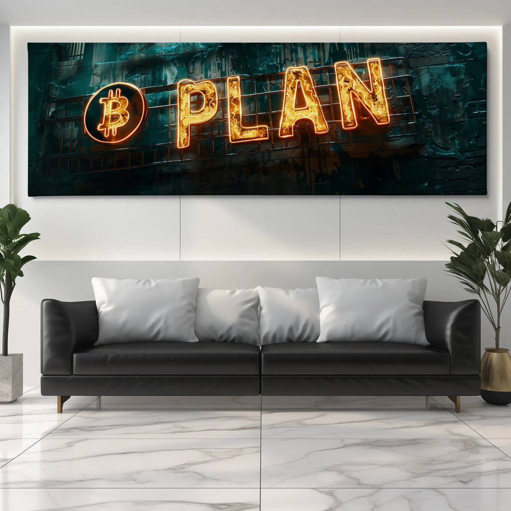 Obraz na plátně - Bitcoin B Plan Neon Sign FeelHappy.cz Velikost obrazu: 210 x 70 cm