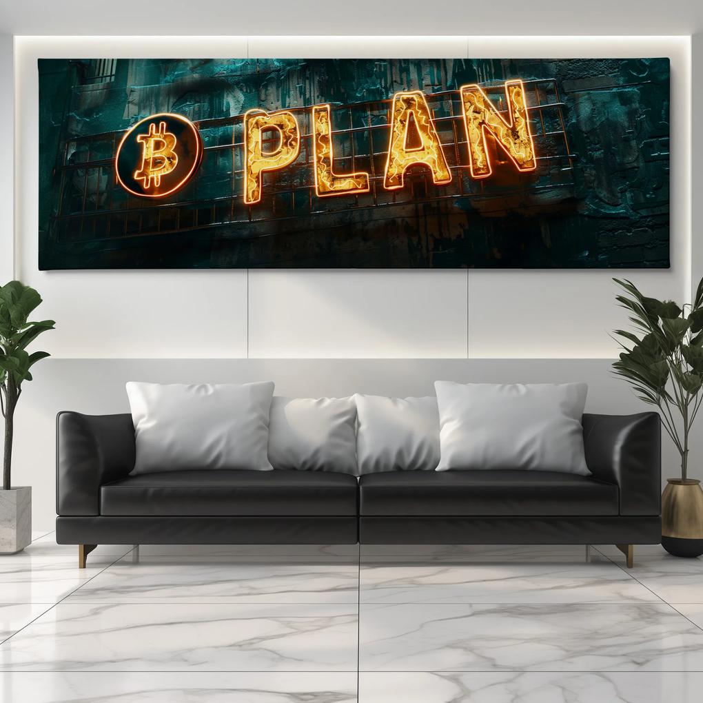 Obraz na plátně - Bitcoin B Plan Neon Sign FeelHappy.cz Velikost obrazu: 90 x 30 cm