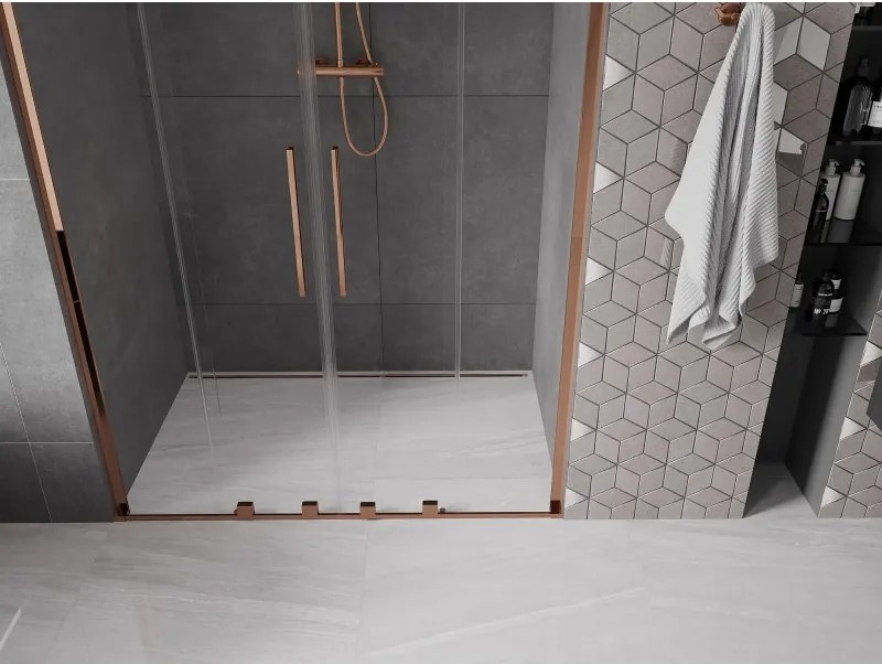 Mexen Velar L Duo, posuvné sprchové dveře do otvoru 160 cm, 8mm čiré sklo, růžové zlato, 871-160-003-02-60