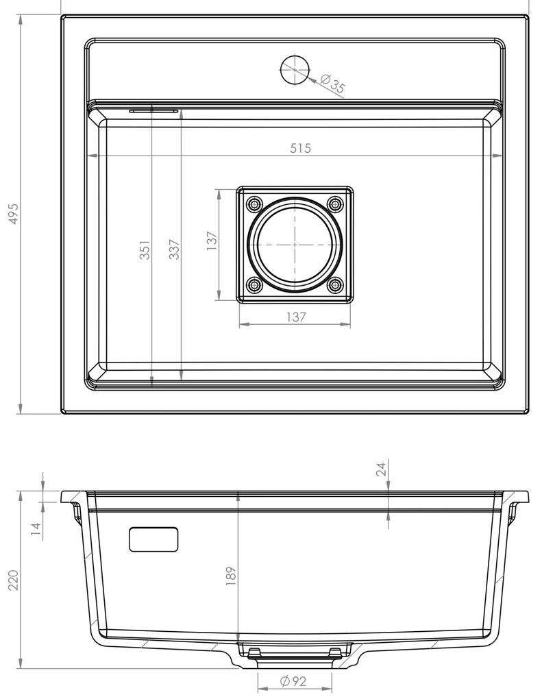 Gamma Quadro 5850, 1-komorový granitový dřez 580x495x220 mm, bílá, GMA-ZLE000234