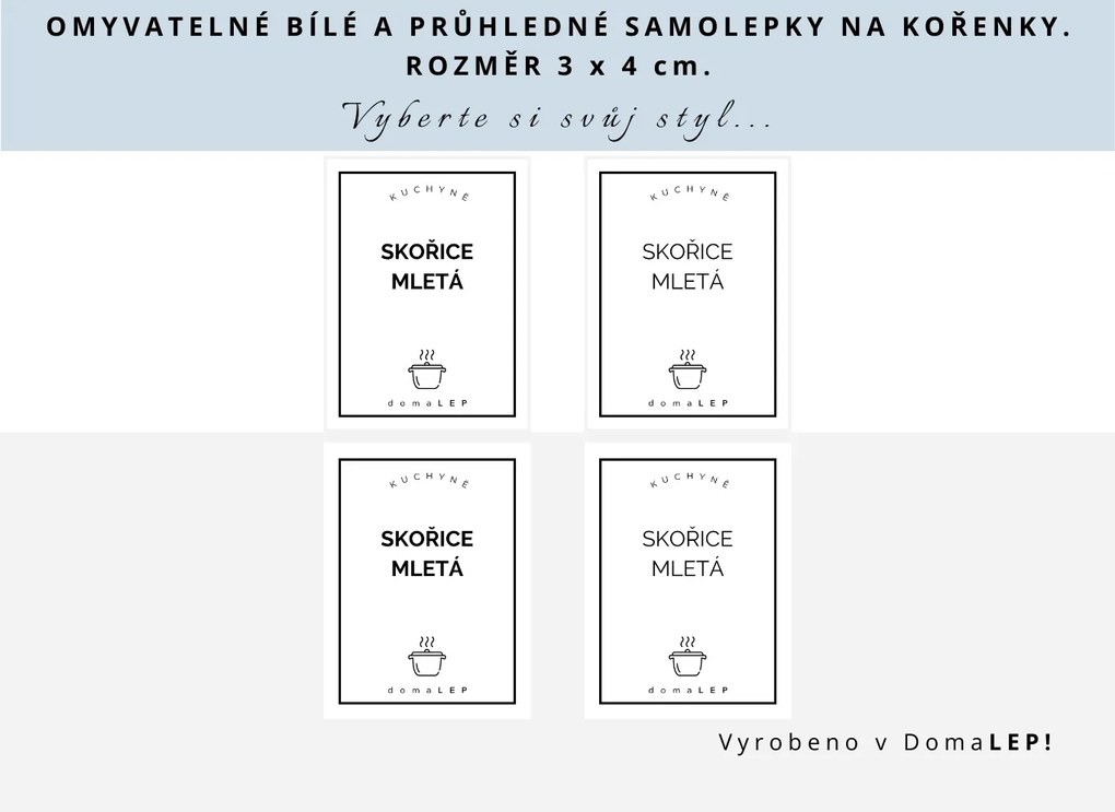 SKOŘICE MLETÁ - Samolepka na kořenky 3 x 4 cm - DomaLEP varianta: BÍLÁ - tučné písmo