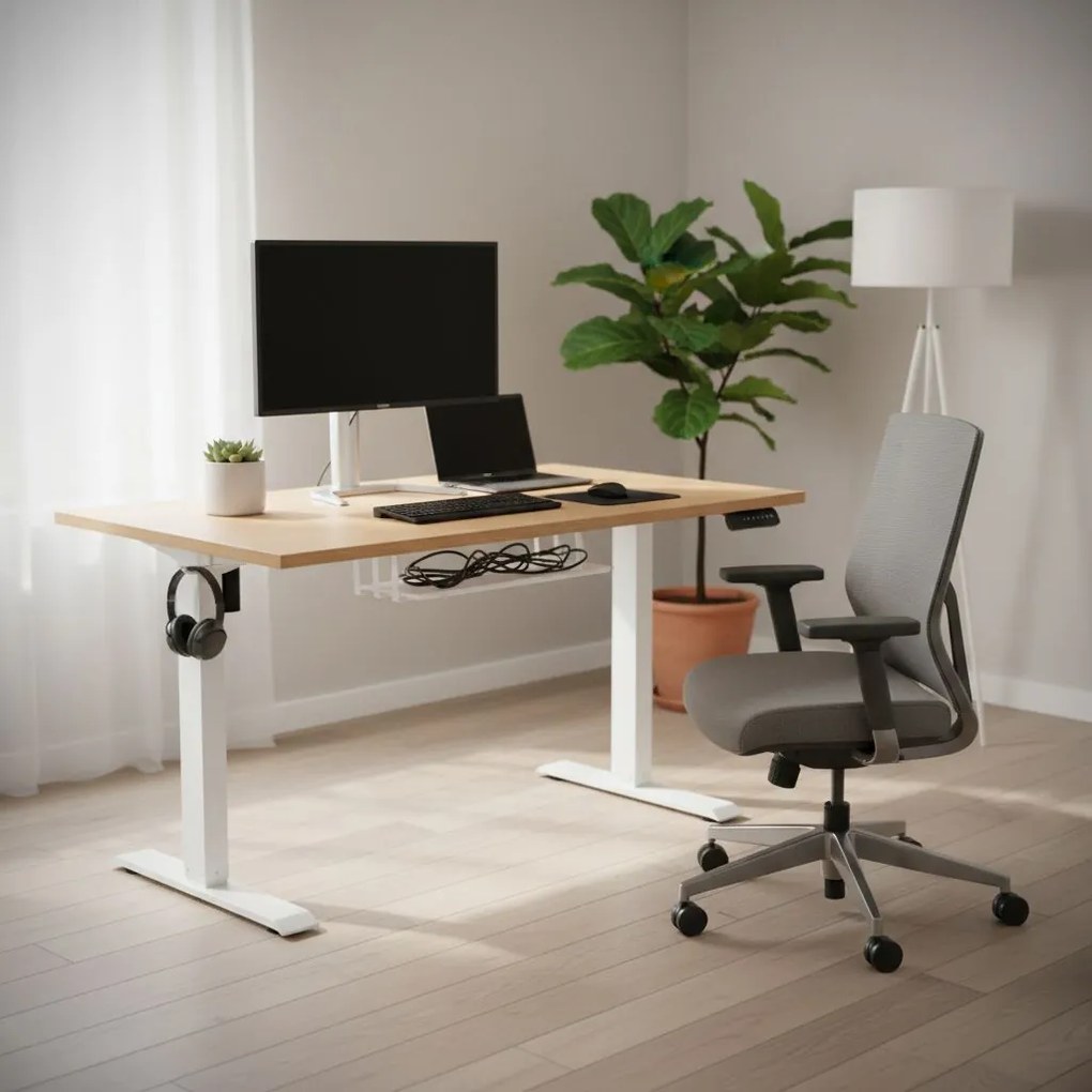 Výškově nastavitelný stůl OfficeTech B, 140 x 80 cm, bílá podnož, buk