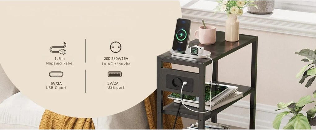 Odkládací stolek s nabíjecí stanicí a USB Houseland Qler černý