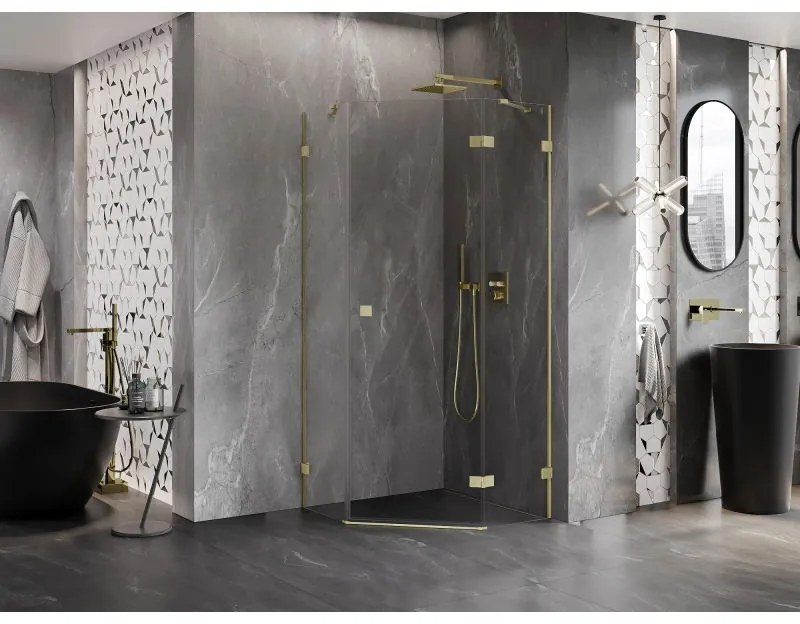 Mexen Lunar, pětiúhelníkový sprchový kout s pravým sklonem 90 x 90 cm, 8mm čiré sklo, zlatý matný profil, 831-090P-090L-55-00-P
