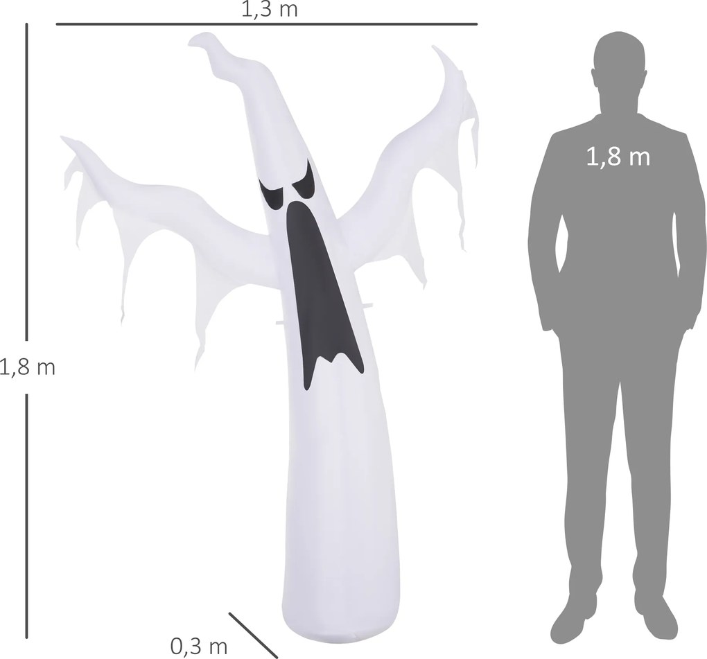 HOMCOM Halloween nafukovací duch 1,8 m dekorace s LED IP44 Samonafukovací polyester bílá 130 x 30 x 180 cm