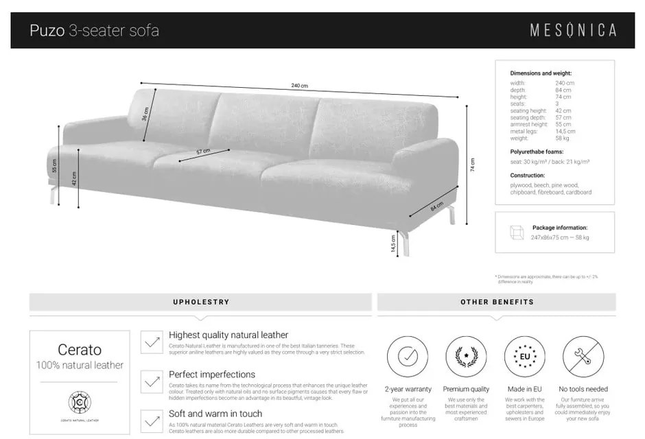 Červenohnědá kožená pohovka MESONICA Puzo, 240 cm