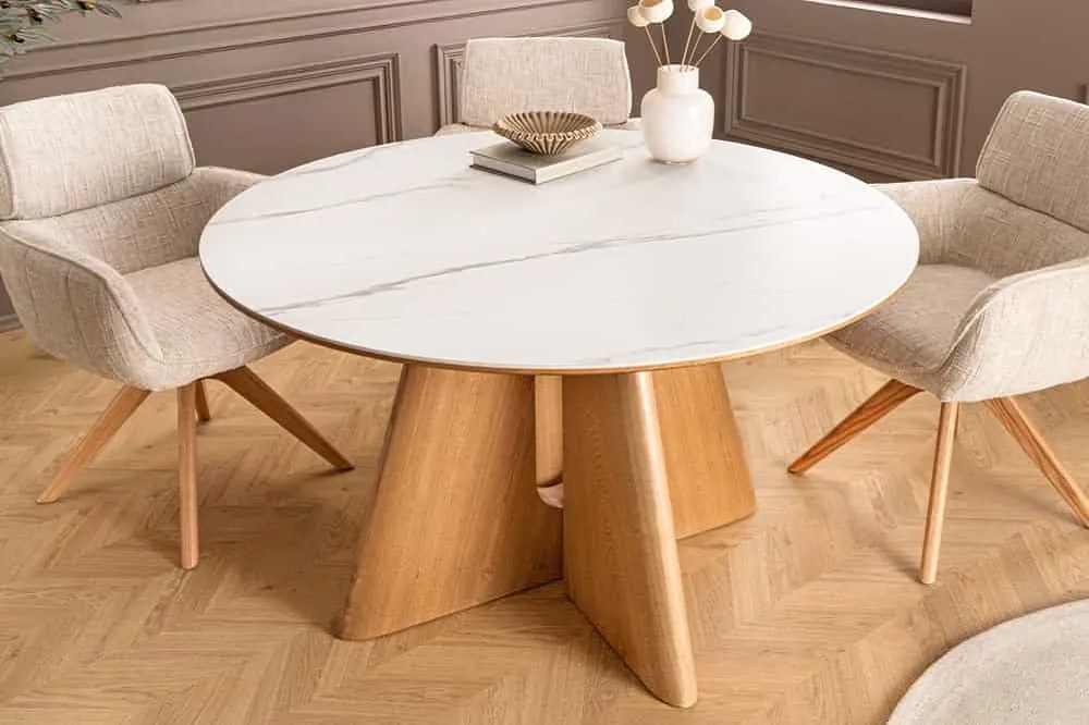 Kulatý keramický jídelní stůl Yenibeth 120 cm bílý mramor / dub