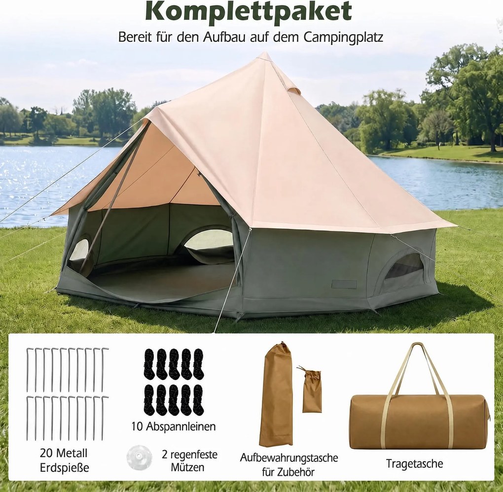 Costway Nepromokavý zvonový stan s otvorem pro kamna, 310 cm, khaki