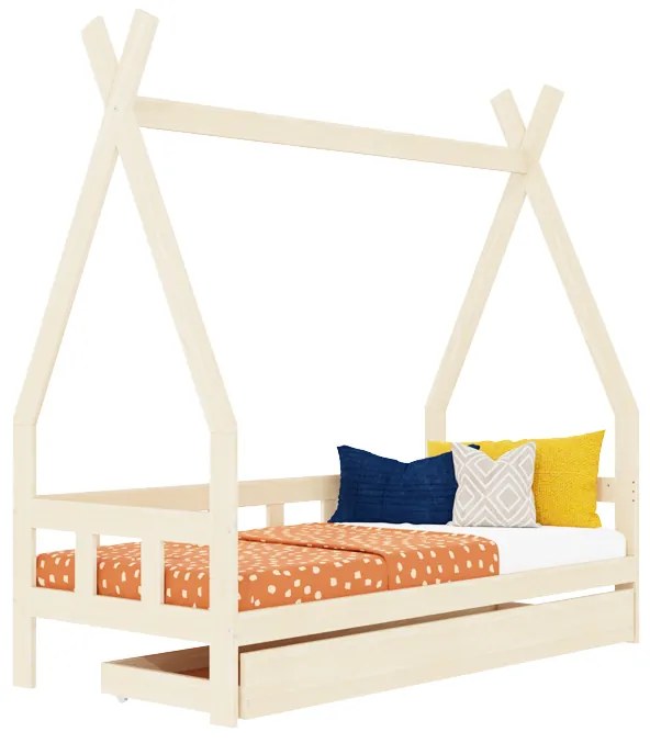 Benlemi Dětská teepee postel FENCE 4v1 ze dřeva se zábranou a úložným šuplíkem Zvolte barvu: Béžová, Zvolte rozměr: 90x200 cm, Zvolte zábranu: S otevřeným vstupem
