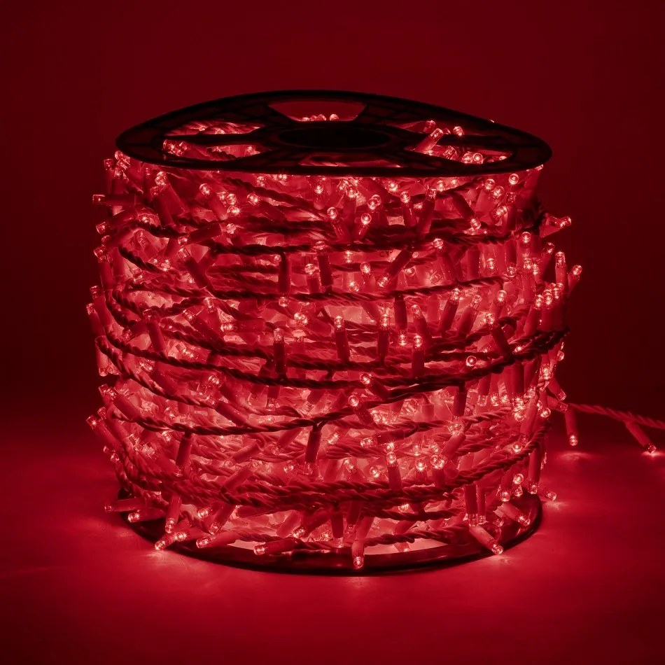 Easy Fix LED světelný řetěz, 100 m, venkovní, červený, 2000 diod, bílý kabel, IP44, cívka