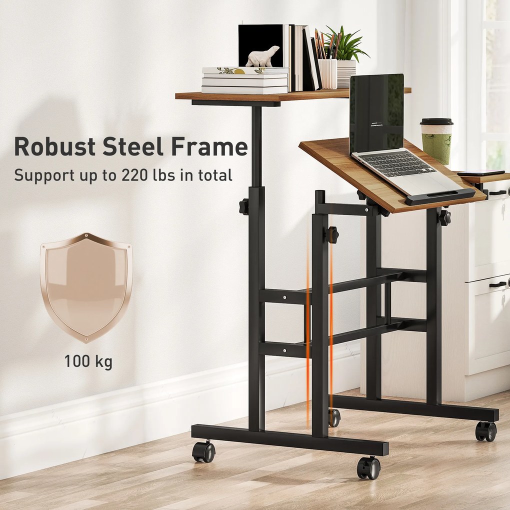 HOMCOM sedací‑stojací stůl 70 x 60 cm – výškově nastavitelný, s kolečky a naklápěcí deskou stolu, hnědý