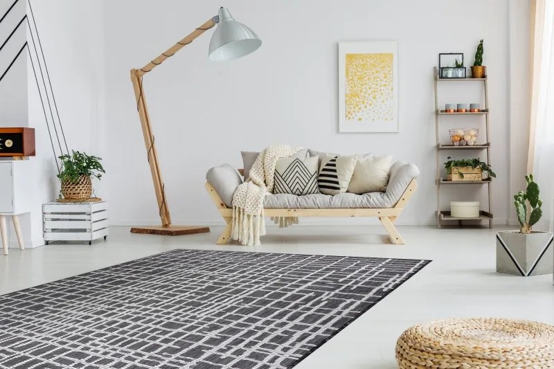 Dywany Łuszczów, Kusový koberec Sion Sisal Trellis 22144 black/ecru – na ven i na doma, 200x290, šedá, chodba / předsíň