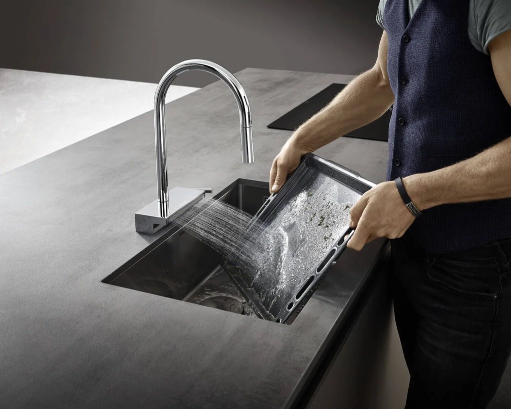 Hansgrohe M81, dřezová baterie Aquno Select s výsuvnou koncovkou a plochým sprchovým proudem, chromová, 73837000