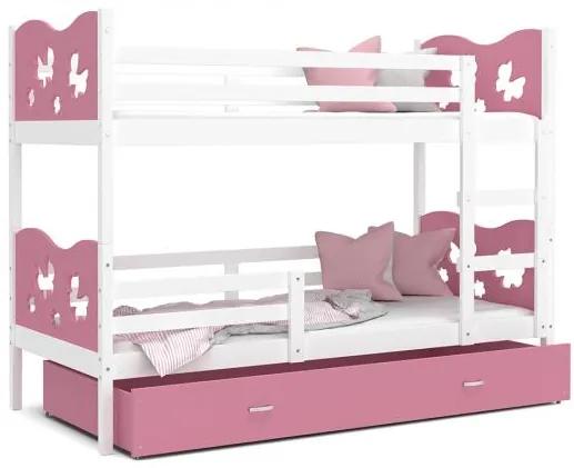 Dětská patrová postel MAX 190x80 cm s bílou konstrukcí v růžové barvě s MOTÝLKY