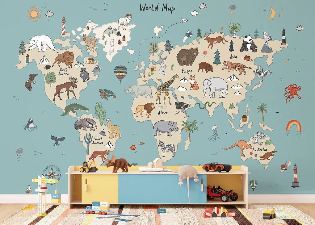 Dětská fototapeta na míru Béžovomodrá Kreslená Mapa Se Zvířaty | Vliesová fototapeta na zed' | DFTD5P 352453