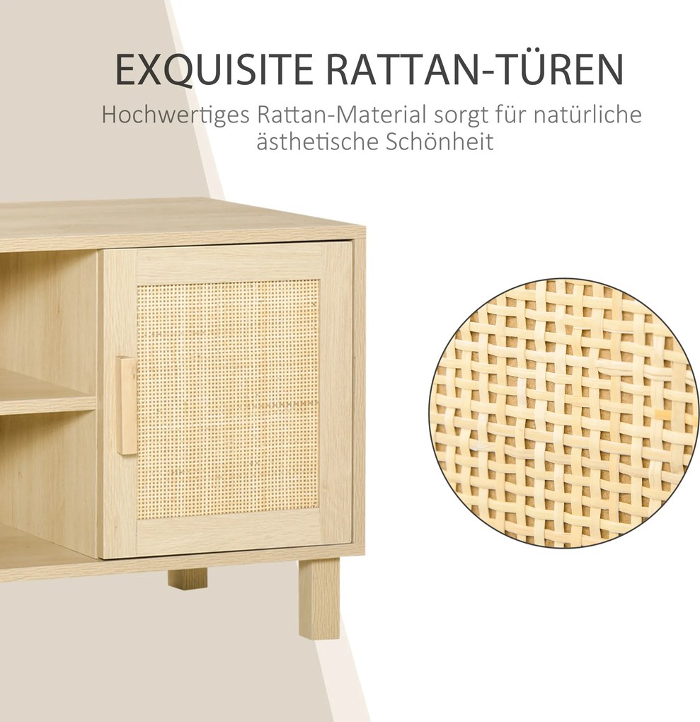 HOMCOM TV Stánek s Věšákem - 2 Přihrádky, 2 Skříně s Ratanovými Dveřmi, 115 x 40 x 48 cm, MDF s Povrchovou Úpravou Světle Dřevo