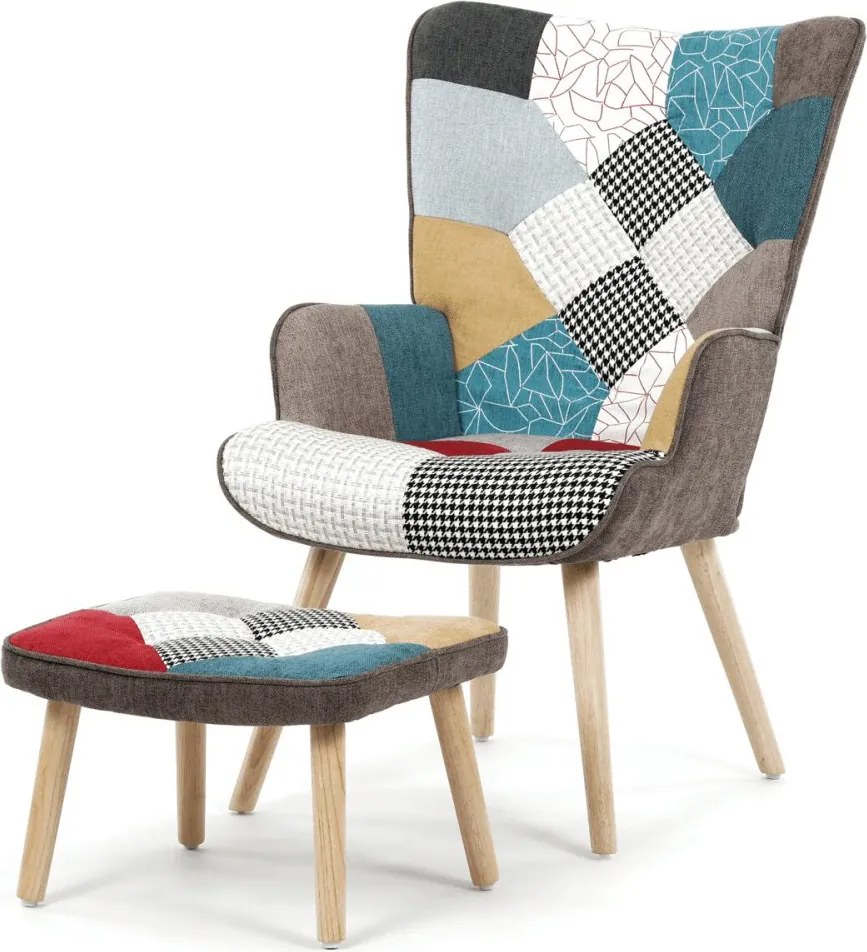 Křeslo ušák AK-305B PW2, vícebarevná, látka (68 x 75) cm patchwork