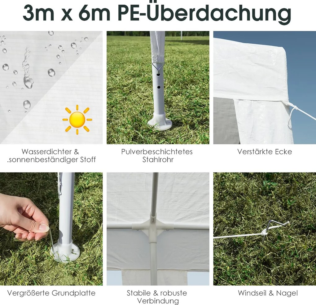 Costway Párty stan 3 m x 6 m Vodotěsný s provazy v bílé barvě, bílý