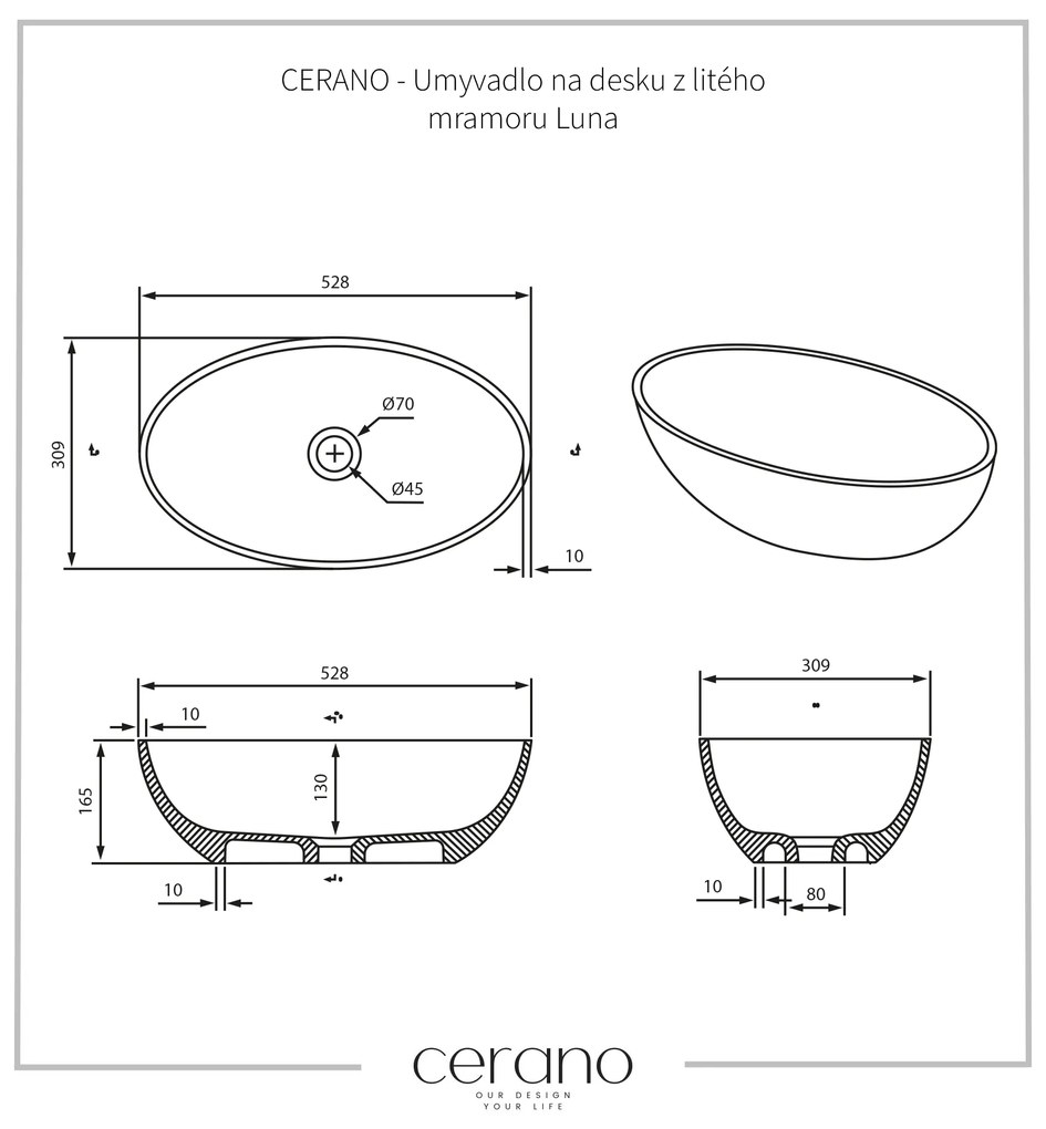CERANO - Umyvadlo na desku z litého mramoru Luna - bílá matná - 52,8x30,9 cm