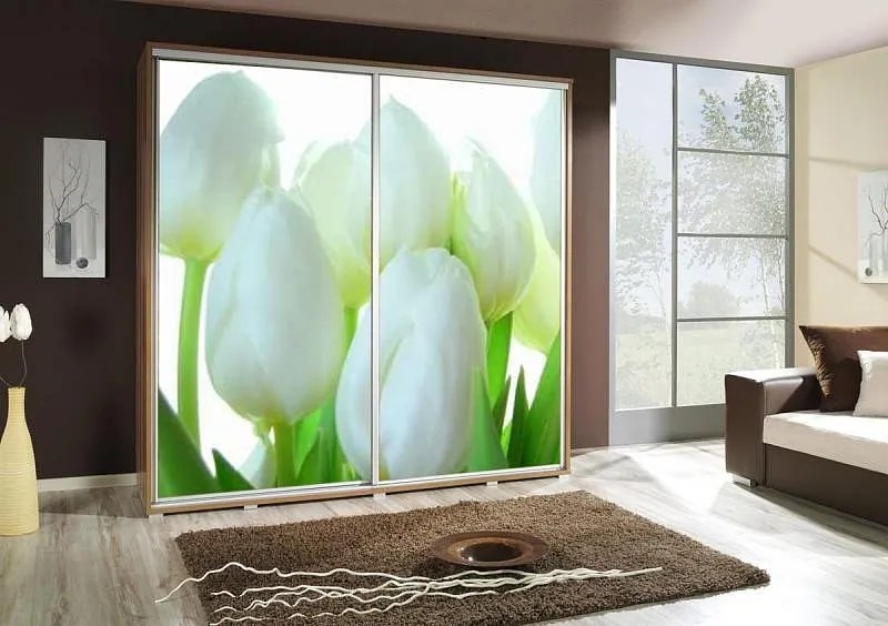 Šatní skříň s posuvnými dveřmi Penelopa 24, LTD, švestka / motiv tulipány