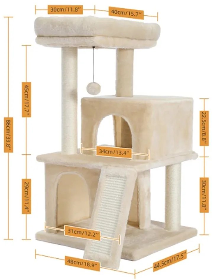 KOČIČÍ STROM - stabilní, třípatrový - 86 cm Barva: AMT0140BG-LF béžová
