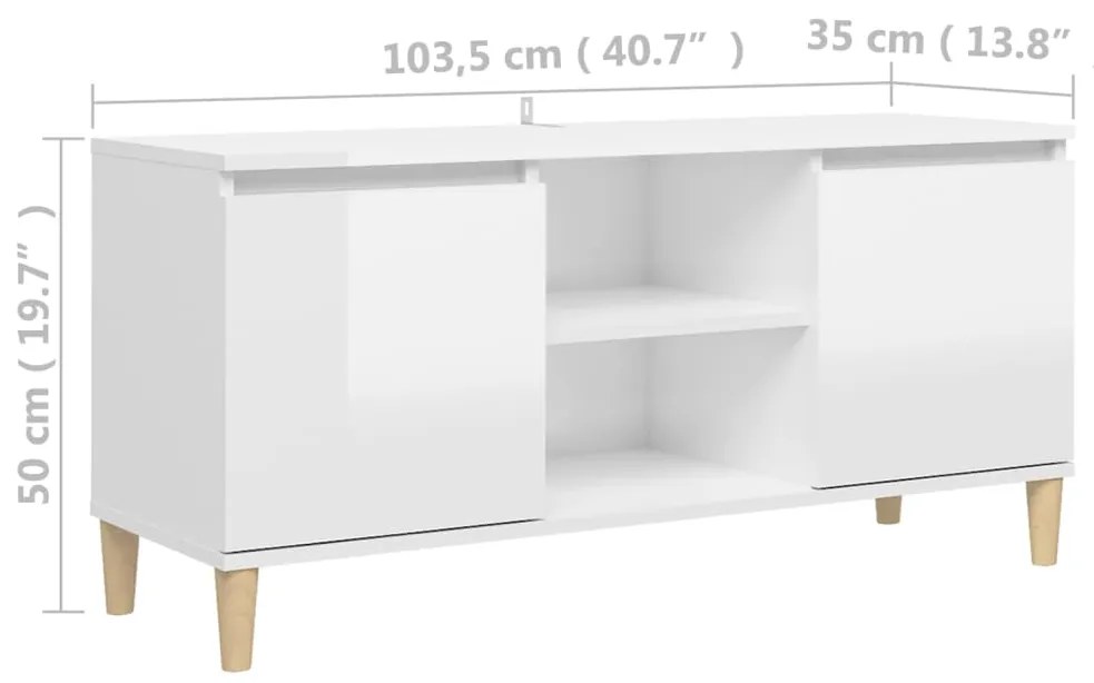 vidaXL Marketos TV skříňka nohy z masivního dřeva bílá lesklá 103,5x35x50 cm
