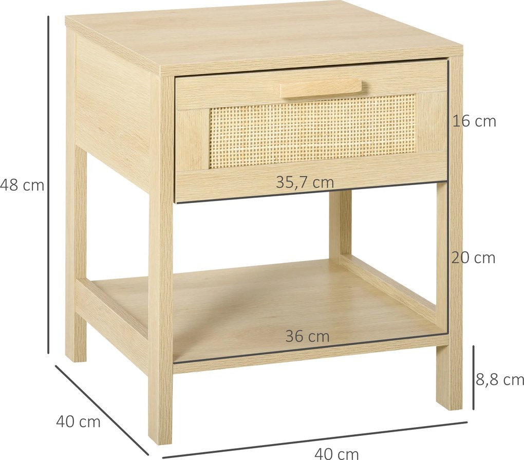 HOMCOM Noční stolek s ratanovou zásuvkou a dolní policí, nosnost 40 kg, pro ložnici a obývací pokoj, 40x40x48 cm, přírodní dřevo
