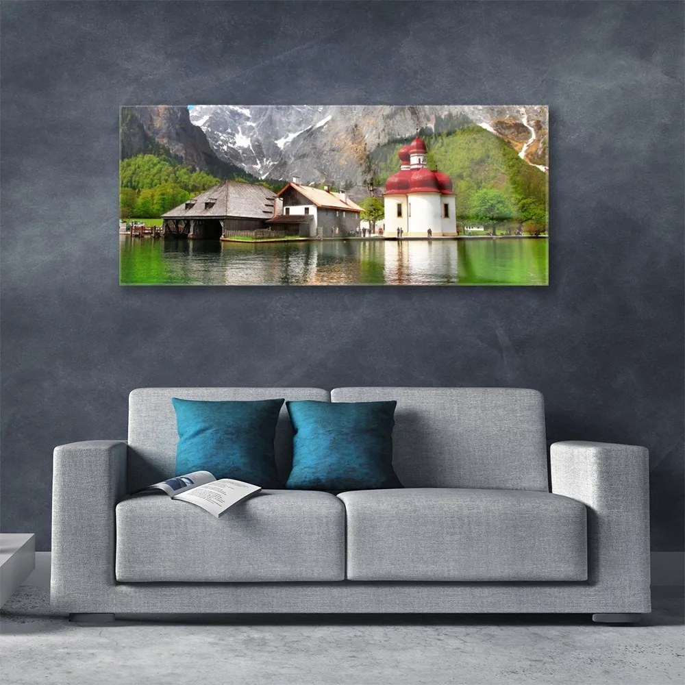 akrylový obraz Hora Strom Dům Krajina 125x50 cm