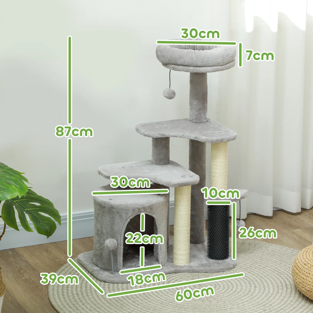 Škrabadlo PawHut 87 cm, kočičí strom s jeskyní pro kočky, pelíšek, míčky na hraní, škrabadlo pro kočky se sisalovými škrabadly, pro kočky do 5 kg, sv…