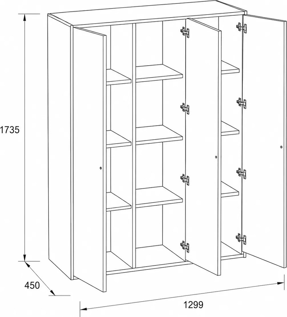 Kancelářská skříň FRAME, 3x dveře, 1299 x 450 x 1735 mm, PUSH-lock, dub přírodní
