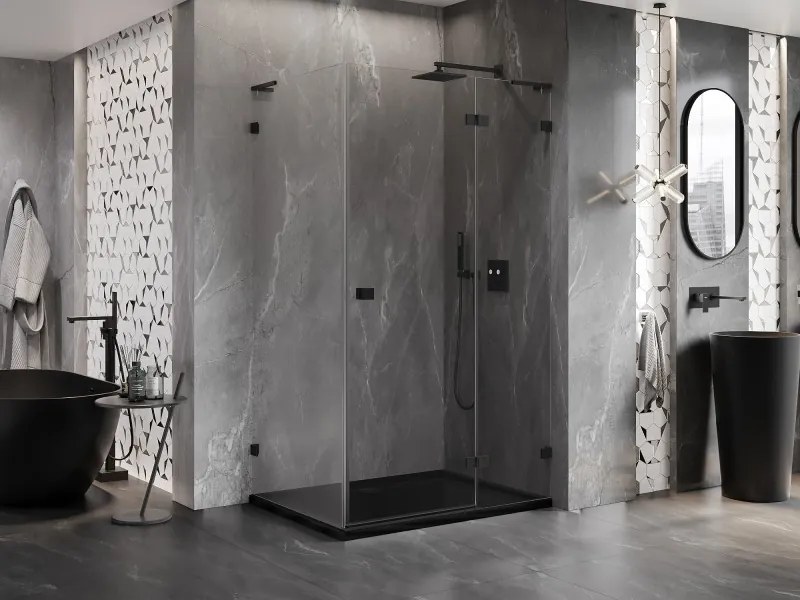 Mexen Lunar L, pravý výklopný sprchový kout 70 x 80 cm, čiré sklo, černý profil, 834L-070-080-70-00-P