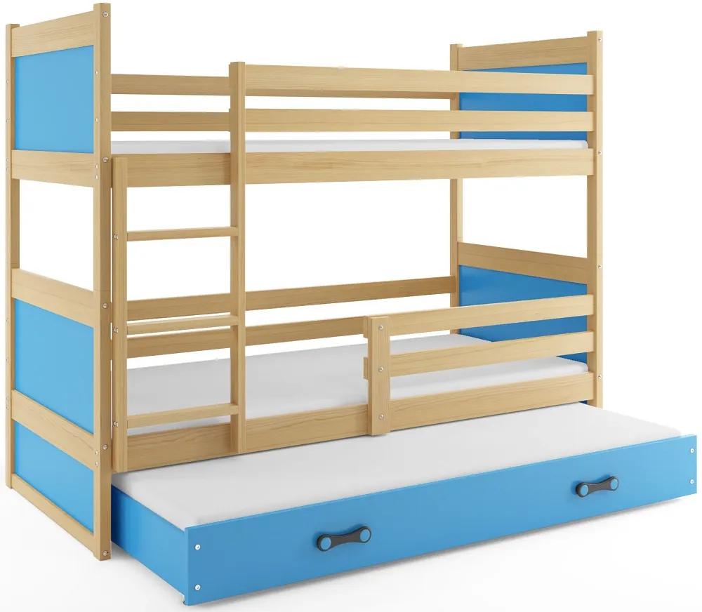 BMS Group Dětská patrová postel s přistýlkou RICO borovice Velikost postele: 190x80 cm, Barva šuplíku: Zelená