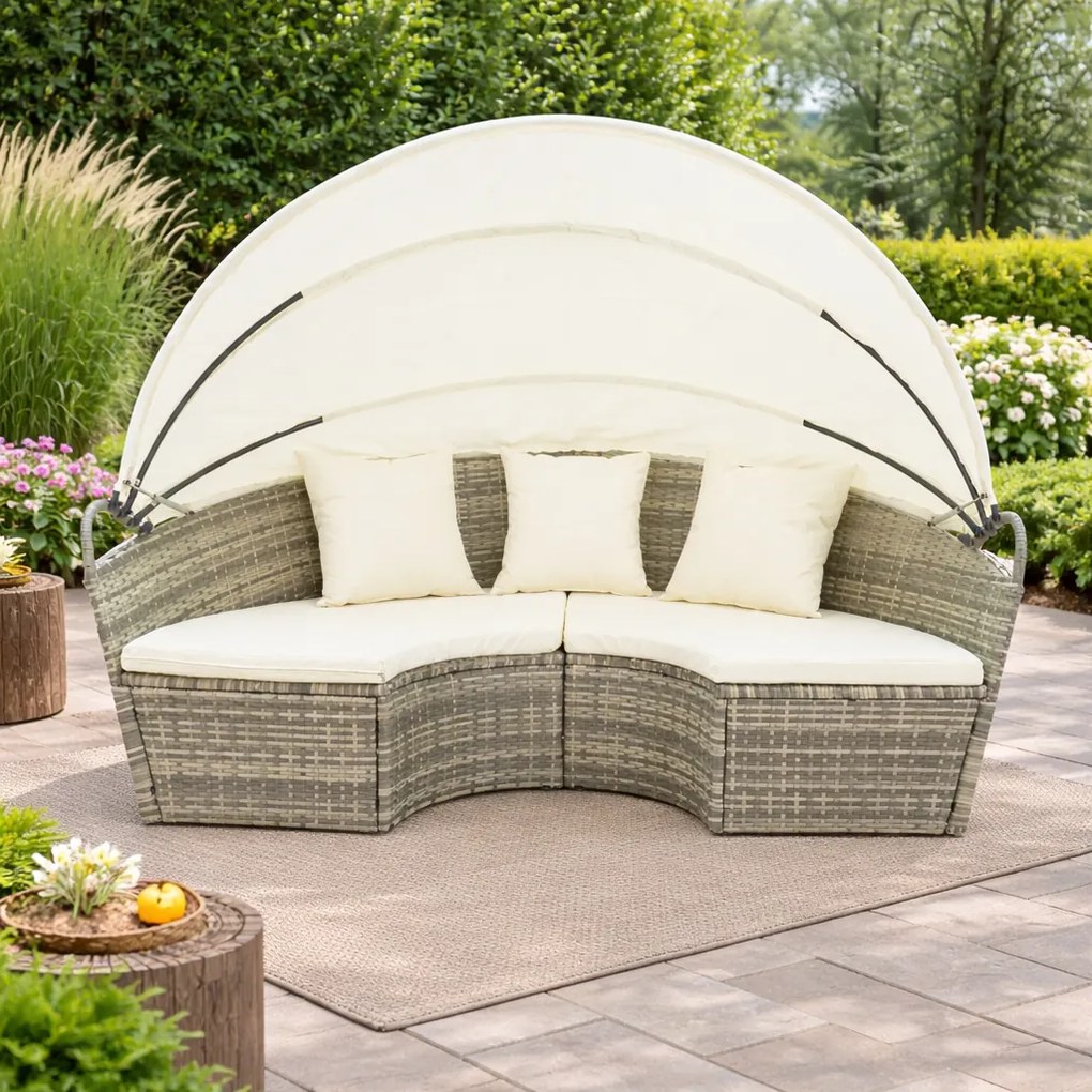 Zahradní ratanová postel BestBerg BBGF-178GY / 180 × 142 cm / šedá/krémová