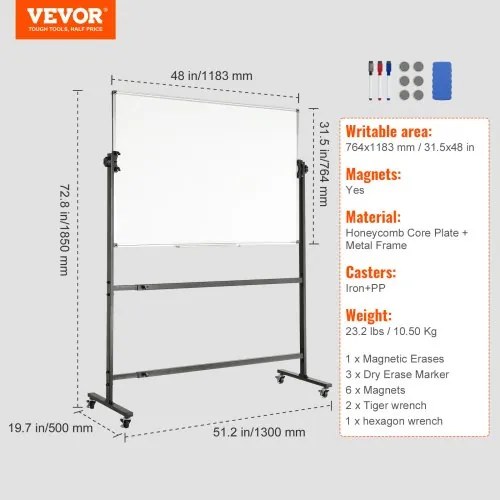 rolovací tabule, 48 × 81,3 cm oboustranná magnetická mobilní tabule