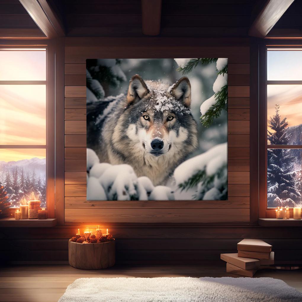 Obraz na plátně - Vlkova tajná skrýš ve sněžném lese FeelHappy.cz Velikost obrazu: 140 x 140 cm