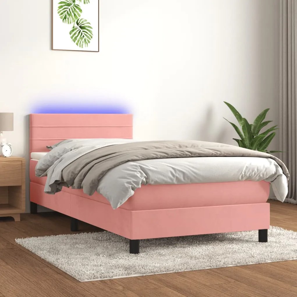 Box spring postel s matrací a LED růžová 90x200 cm samet 3134446