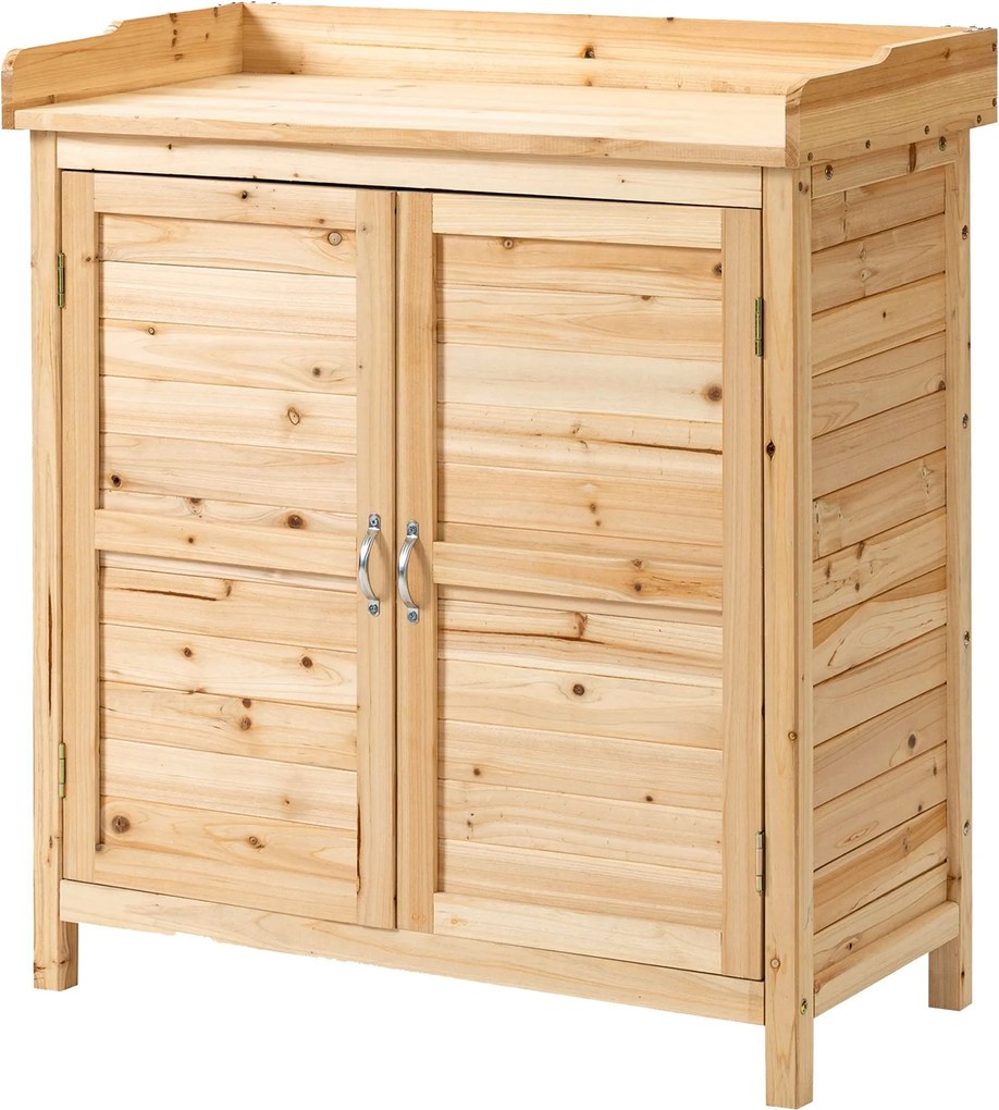 Dřevěný zahradní skříň Outsunny - Úložný shed s 2 dveřmi, policí a zdviženými nohami pro terasu a patio 83x40x92 cm - Přírodní | Aosom