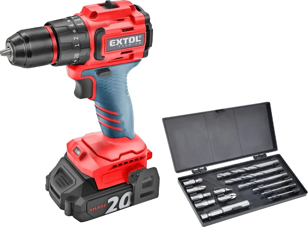 Vrtací šroubovák aku s příklepem SHARE20V, BRUSHLESS, 2Ah (2×), EXTOL PREMIUM 8891806