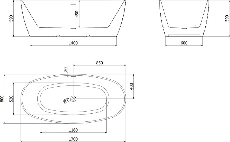 Mexen Olea, volně stojící vana, vzor, 170 × 80 cm, bílá-černá, bílý přepad, 52821708075-20