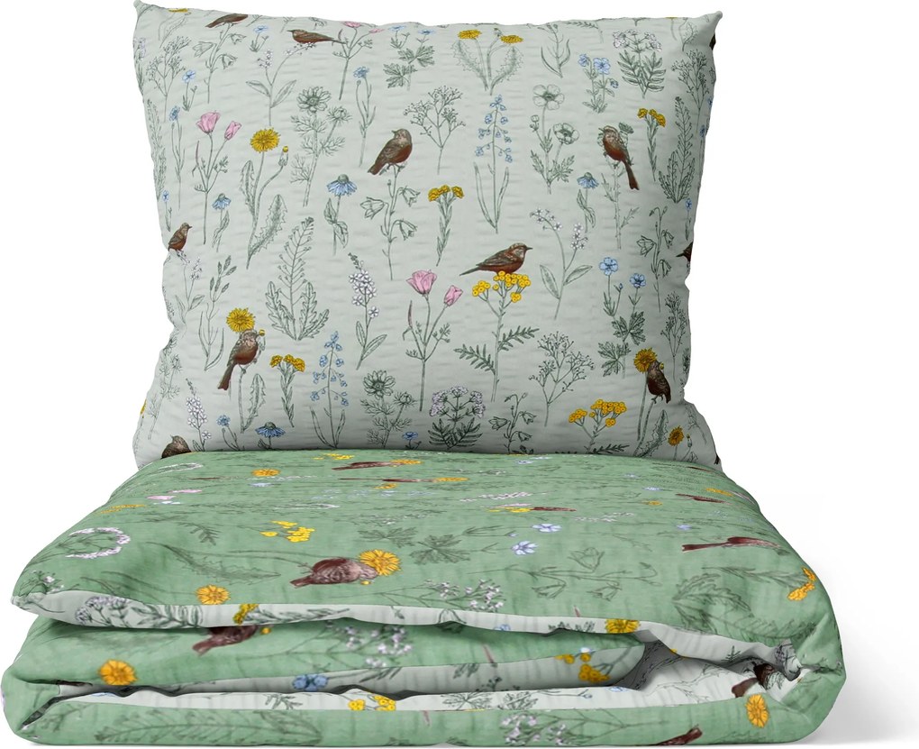Krepové prodloužené povlečení Ptáčci v kvítí - zelené - duo Velikost: 140 x 220 + 70 x 90