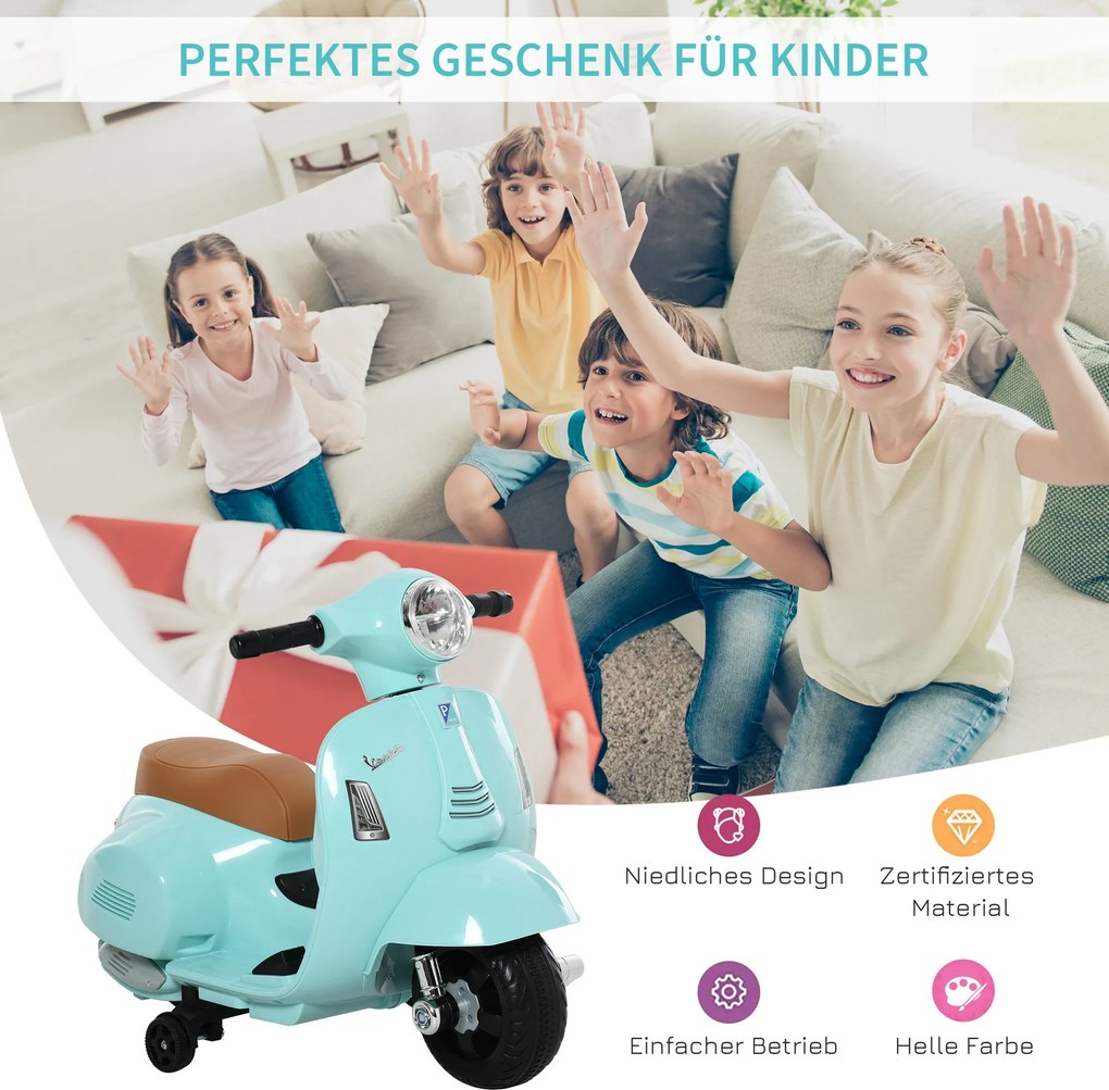 HOMCOM VESPA elektrická motorka dětská motorka elektrické vozidlo 18-36 měsíců 3 km/h LED světlo zvuk PP plast kov zelená 66,5 x 38 x 52 cm