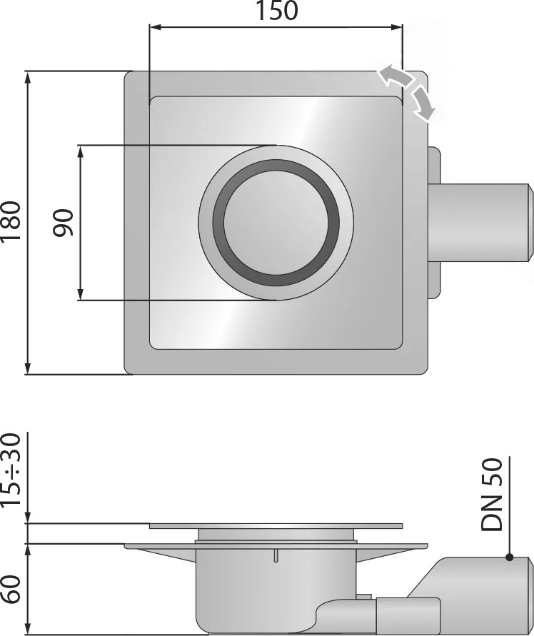 Omp Tea Tirana podlahová vpust boční 150 x 150 mm DN50 chrom 2665.695.8