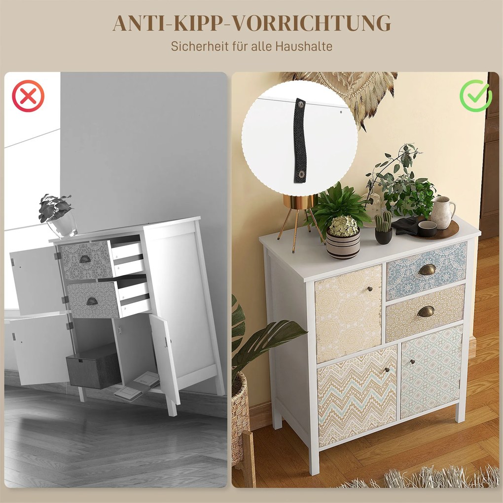 HOMCOM komoda úložná skříňka 2 zásuvky 3 přihrádky protiskluzová obývací pokoj ložnice bílá 68x34x80cm